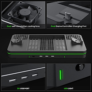 Charging Stand with Cooling Fan, CODOGOY Vertical Stand Compatible with Xbox Series X/S Console&Controller, Dual Controller Charger Station Dock with 3 USB Ports,2*1100 mAh Rechargeable Battery Packs
