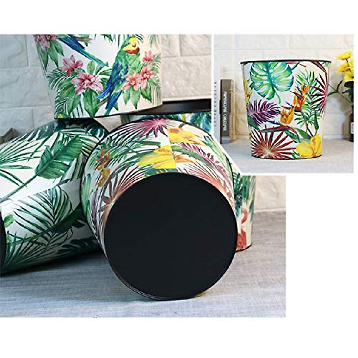 Wansan Iron and Leather Round Large Household Trash Can, Creative Can Without Lid,Suitable for Cans in Bathrooms, Kitchens, Home Offices, Bedrooms, Offices-10L Palm Tree Green Leaf 21*26cm