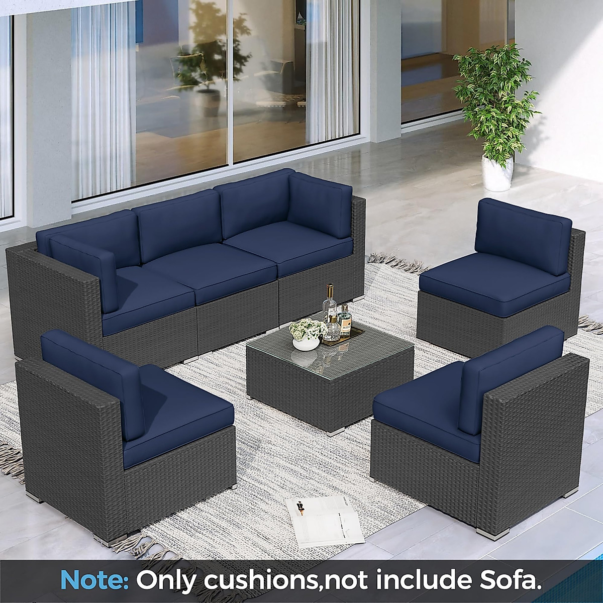 Crownland 14-Piece Outdoor Furniture Replacement Cushions, Water-Resistant Sofa Cushions for 6-Seat Rattan Wicker Sectional Patio Conversation Sets(Dark Blue)