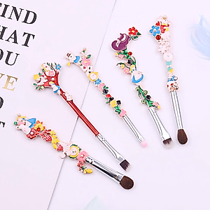 Alice in Wonderland Makeup Brush Set,5pcs Cute Alice Flower Makeup Brushes with Premium Synthetic Fiber and Metal Handle for Blush, Foundation, and Lips, Prefect Gift for Sister Teenager Girl