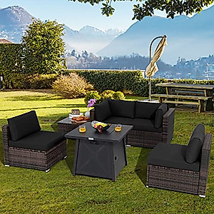 Tangkula 6-Piece Patio Furniture Set with 30” Propane Fire Pit Table, Outdoor PE Wicker Conversation Set with Cushions and Tempered Glass Coffee Table, Gas Fire Pit Table with 50,000 BTU (Black)