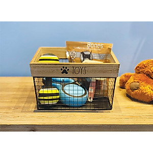 Small Pet Toy Basket - Metal and Wood Dog Toy Storage Basket - Small Cat and Dog Toy Bin Storage Organizer for Puppy Leash, Blanket, Food, Accessories - Container Baskets for Dog, 9.75" x 8" x 6"