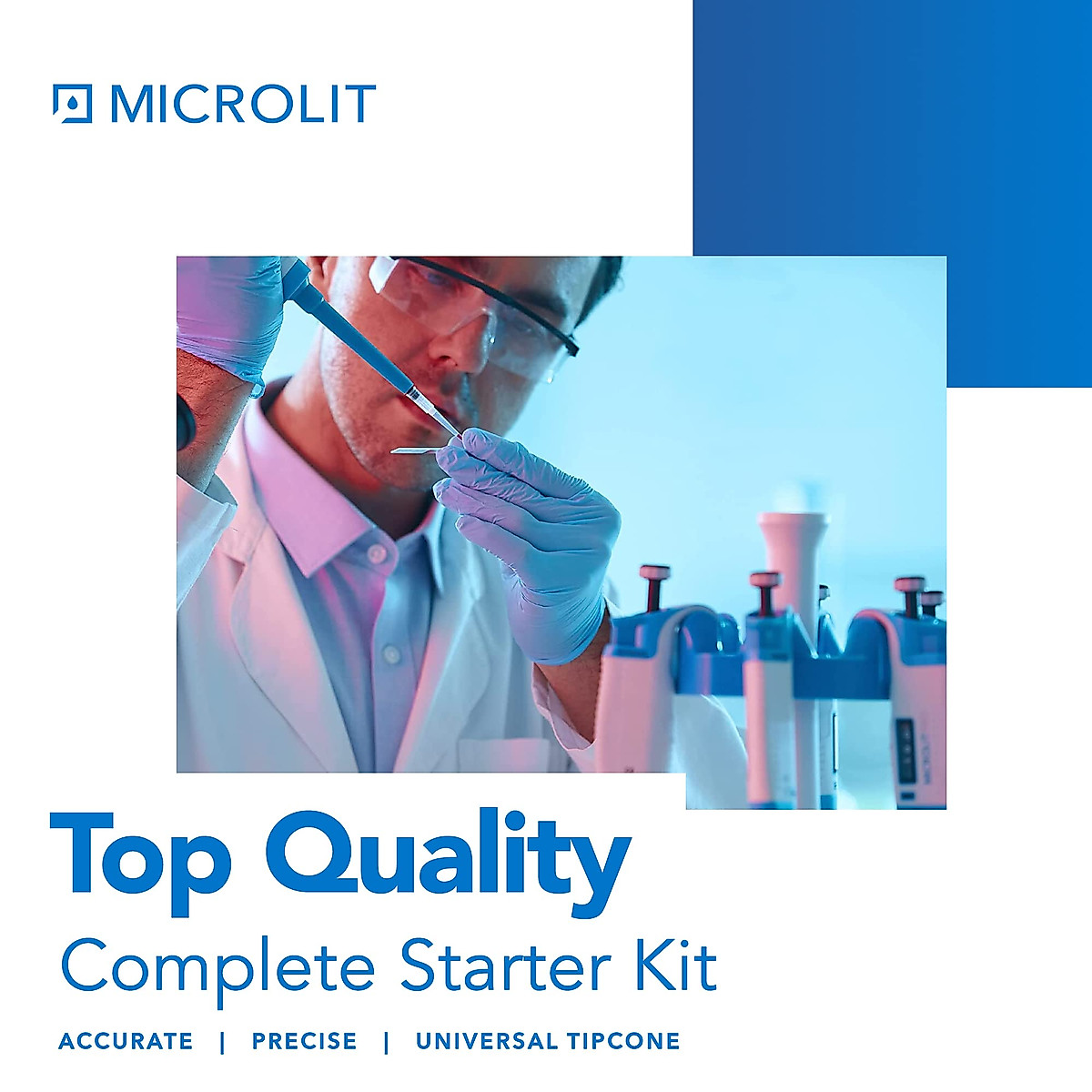 MICROLIT - Complete Starter Kit, Pipettes with 0.5-10ul, 10-100ul, 100-1000ul and 1-10ml Liquid Capacity, 4-Piece Set of Pipettes with a Carousel Stand and Compatible Micropipette Tips