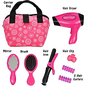 Click N' Play Set of 8 Kids Pretend Play Beauty Salon Fashion Play Set with Hairdryer, Curling Iron, Mirror & Hair Styling Accessories with a Beauty Tote Bag - Hair Salon Toys for Girls