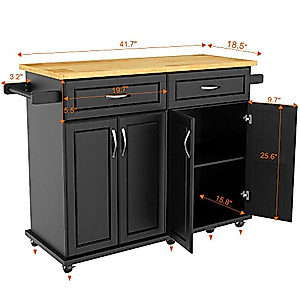 Codesfir Kitchen Island Cart with Storage Cabinet, Kitchen Island on Wheels with Drawer and Towel Rack, Rubber Wood Top, L48xW18xH36 Inches, Black