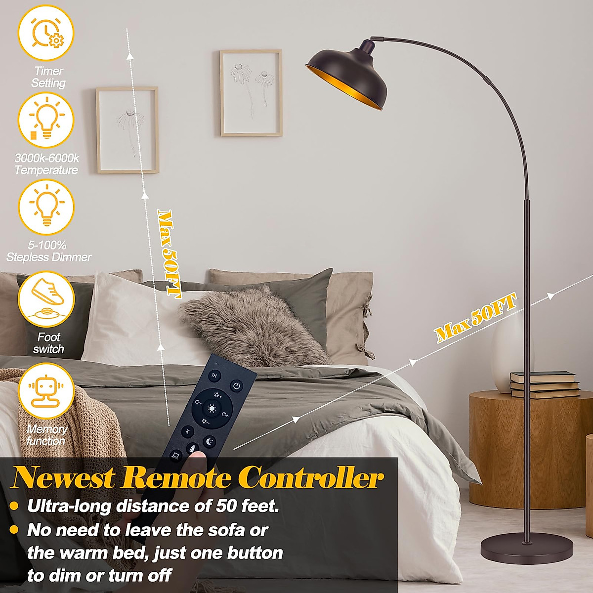 Arc Floor Lamps Bronze, Standing Lamps for Living Room with Remote Control, Foot Switch, Metal Shade, Arched Floor Lamp with Stepless Dimmable LED Bulb, Brown Floor Reading Tall Lamp for Bedroom