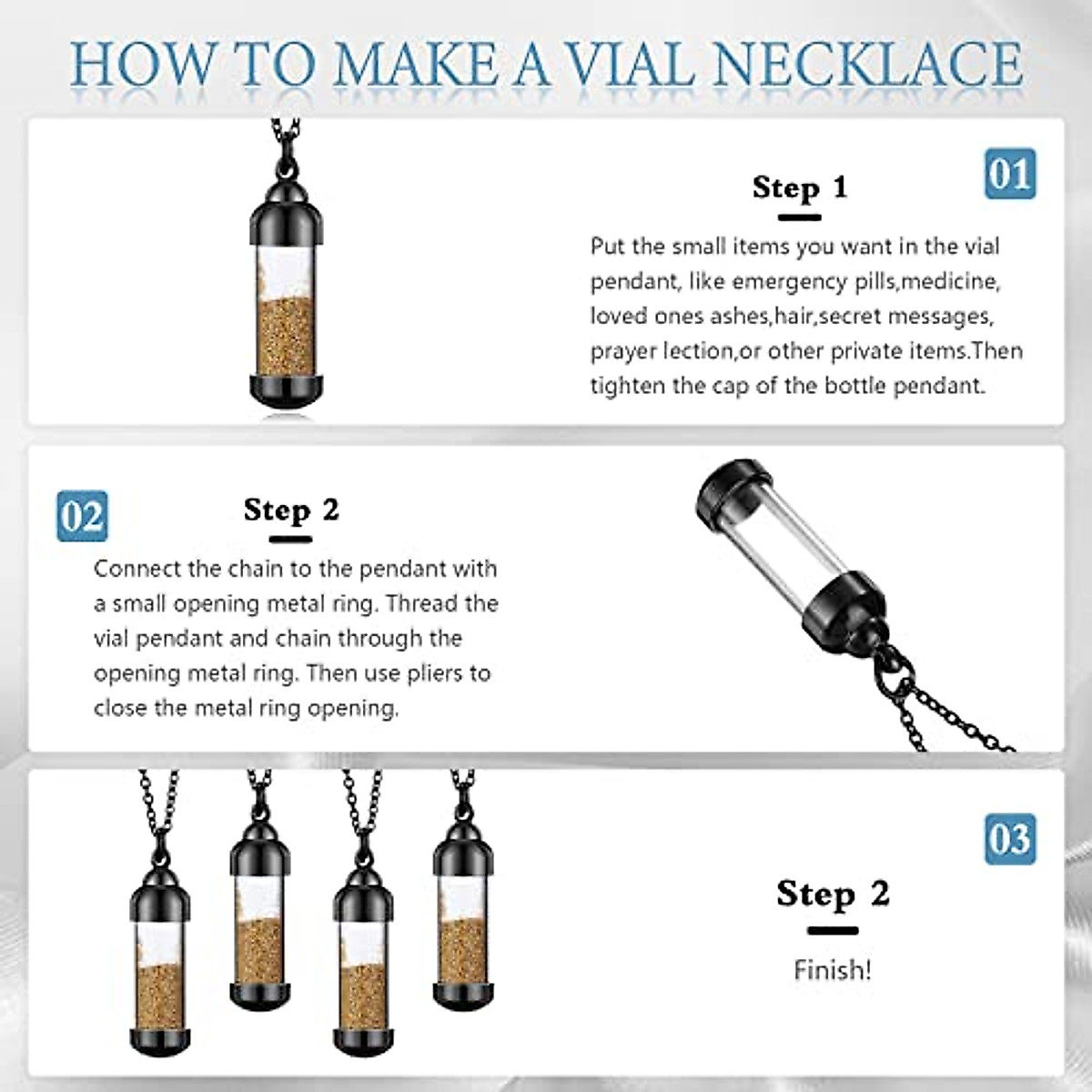 4 Vial Necklace Pendant Set Include 4 Stainless Steel Glass Openable Container Vial Tube Urn Keepsake Cremation Memorial Ashes Holder 4 Snake Chain Necklace for DIY Jewelry Making (Black)