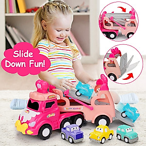 Toys for 1 2 3 Year Old Girl Gifts: 5-in-1 Carrier Truck Toddler Girl Toys Age 1-2 Pink Princess Car Toys for Toddlers 1 2 3 Years Old Baby Girl Birthday Gifts
