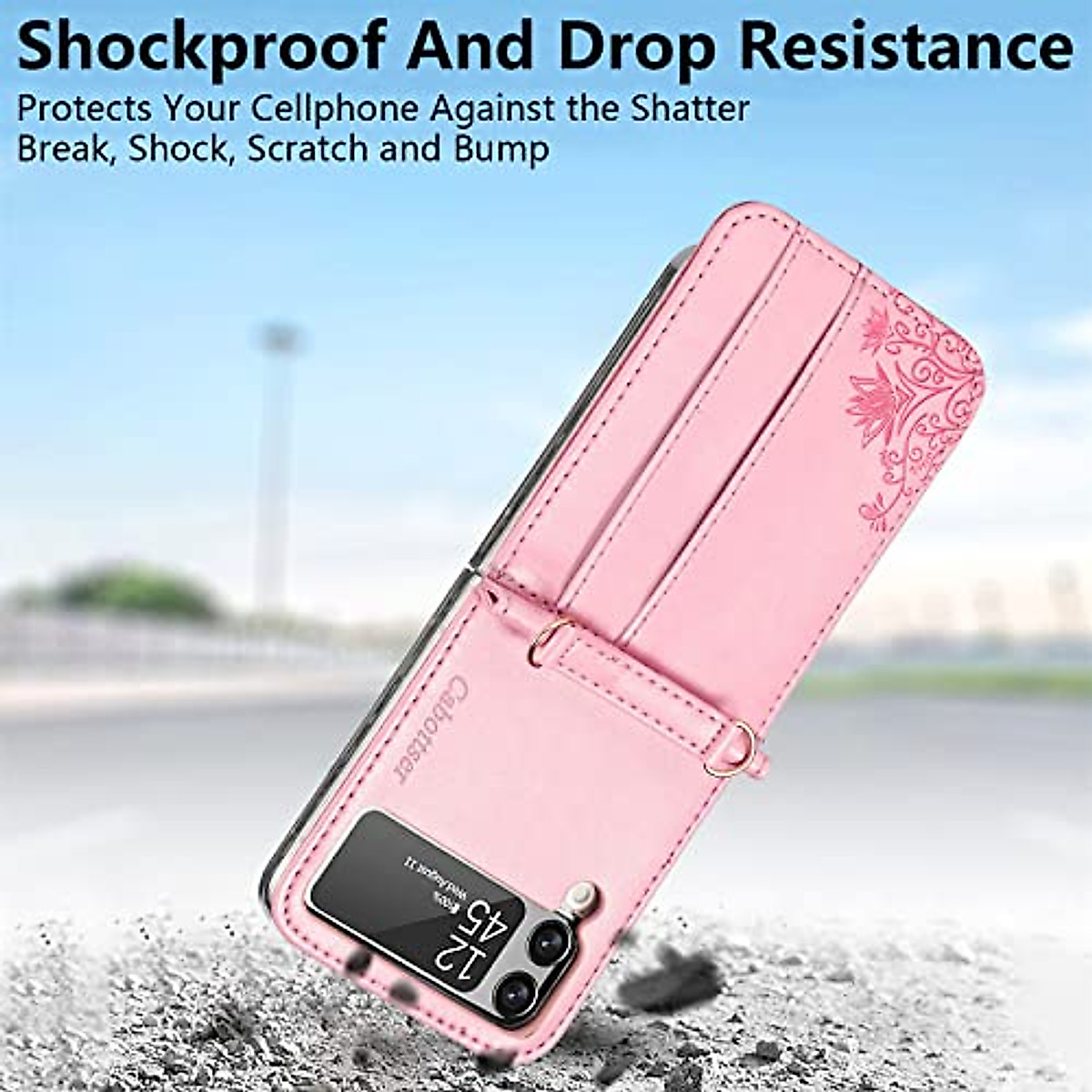 Cabottser Case for Samsung Galaxy Z Flip 3 / Z Flip 4 Wallet Phone Case Lanyard Crossbody, Pink Women Men Soft PU Leather Hard PC Adjustable Strap Card Slots Shockproof Flip Cover for Z Flip 3/4