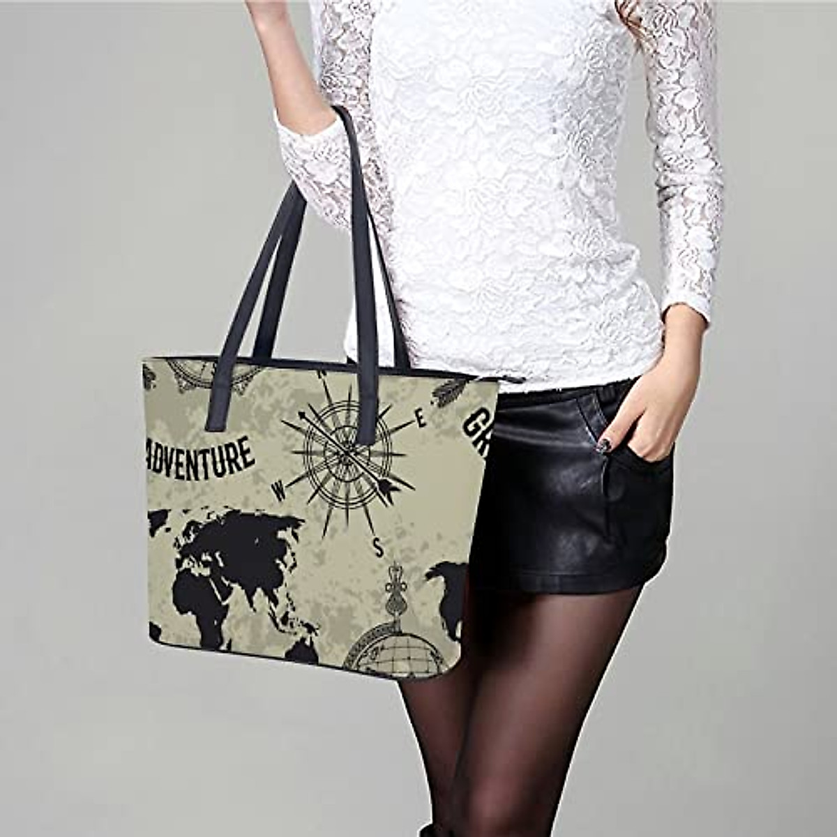Womens Handbag Vintage World Map Leather Tote Bag Top Handle Satchel Bags For Lady