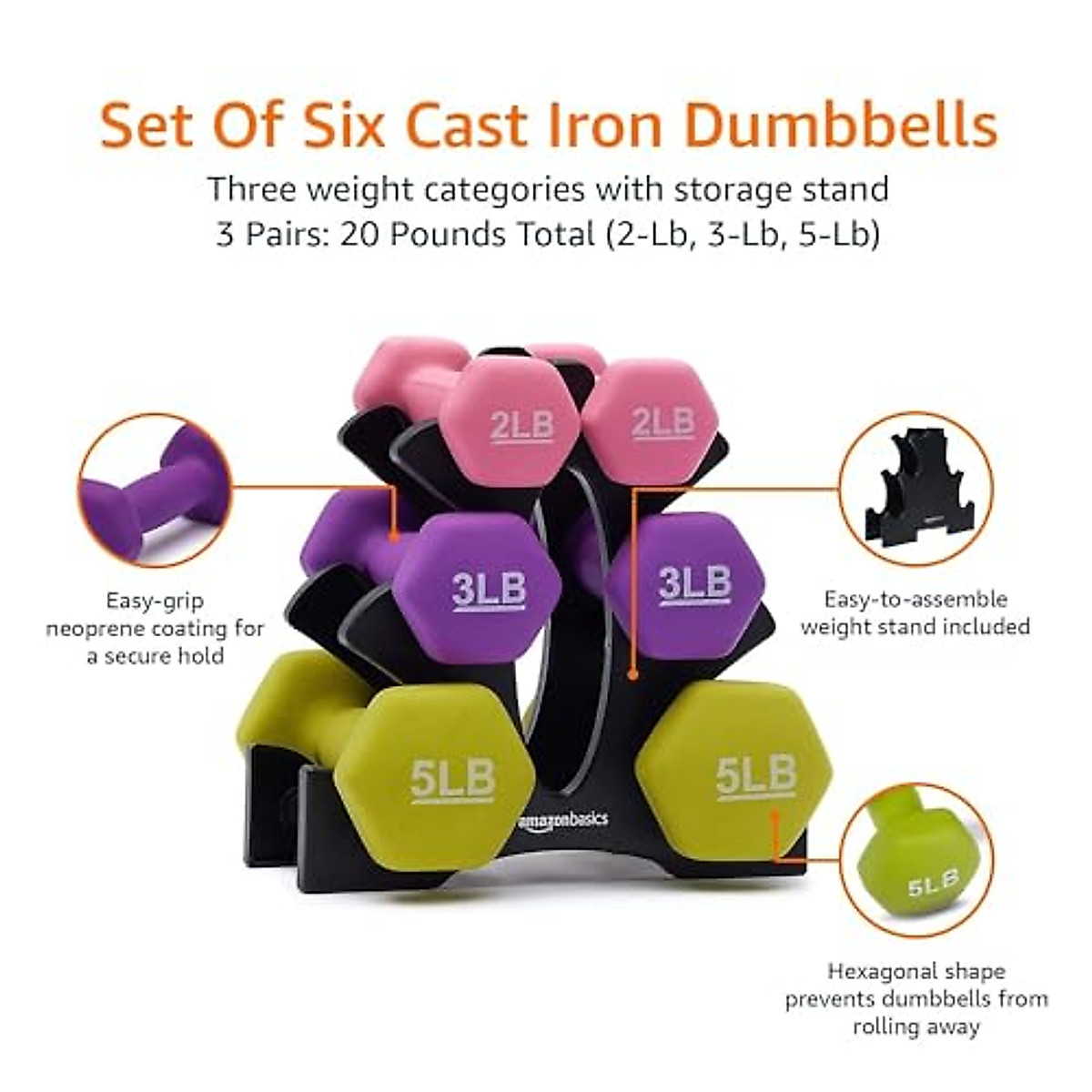 Amazon Basics Neoprene Coated Hexagon Workout Dumbbell Hand Weight, Rack with 2, 3, and 5 pound, Set of 3, Total 20 lb, Pink/Purple/Green