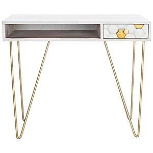 Safavieh Home Office Collection Raveena White Wash and Brass 1-Drawer Hairpin Leg Desk, 0
