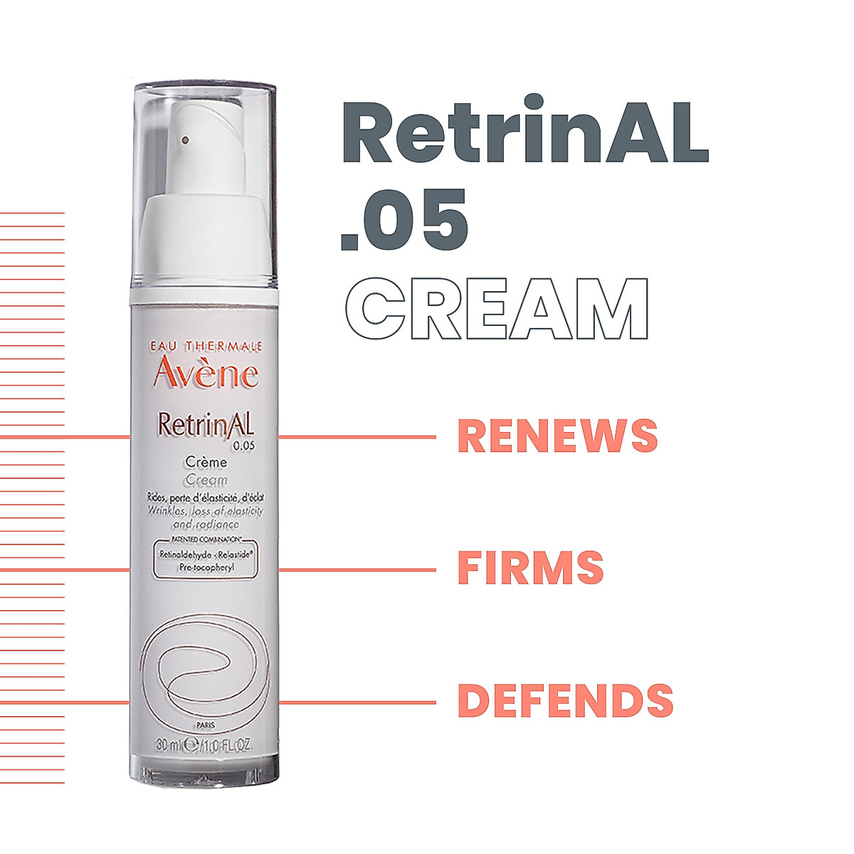 Avene RetrinAL 0.05 Cream, Retinaldehyde, Plump & Reduce the Appearance of Deep Lines & Wrinkles, 1.01 Oz