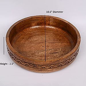 EDHAS Mango Wood Decorative Round Carved Bowl for Decoration, Centerpiece Bowl for Table (10.5" x 10.5" x 2.5")