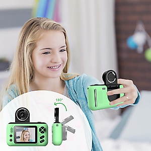 Kids Camera, Kids Digital Camera, HD Digital Video Cameras with Flip Lens Camera for Toddler,Christmas Birthday Gifts for Boys and Girls Portable Toy for Age 3-9 Childrens with 32GB SD Card-Green