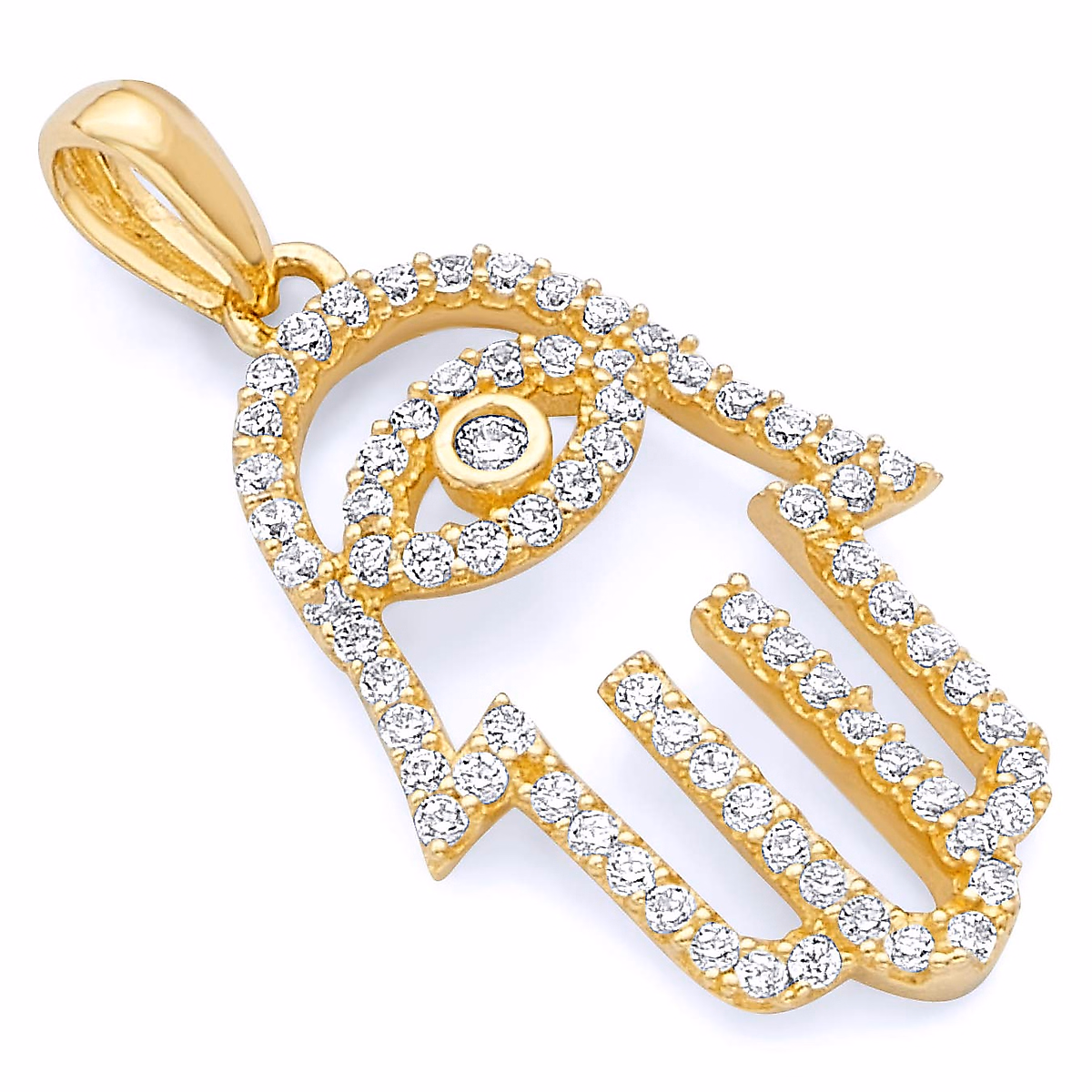 14k REAL Yellow Gold Hamsa Hand CZ Charm Pendant