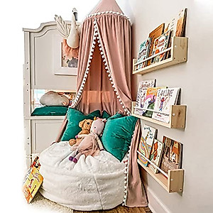 LOAOL Kids Bed Canopy with Pom Pom Cotton Canopy for Crib Baby Girl Netting Cover Canopy Crib Curtain Reading Nook Hanging Tent Nursery Play Game Castle House Decoration (Pink Pompom)