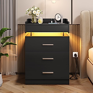 BTHFST LED Nightstand Set of 2, Large Night Stand with Charging Station, Bedside Table with Pull-Out Shelf and 3 Drawers, Modern End Table Side Table with Storage, Black