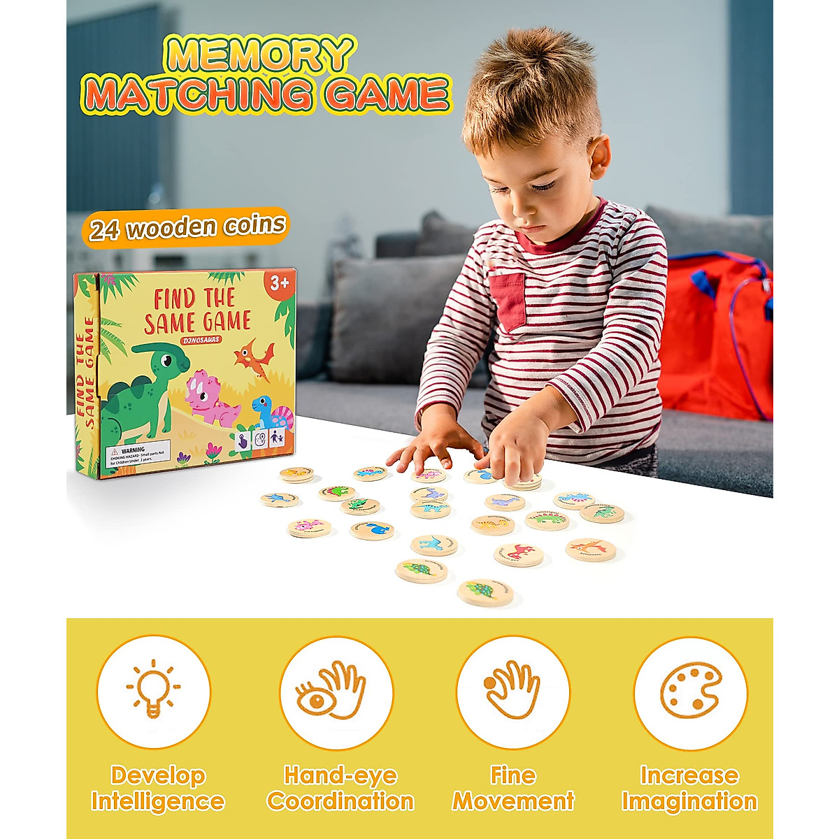 Protado Wooden Match Memory Game for Kids, 24Pc Memory Matching Cards with 5Pc Tattoo Stickers, Educational Memory Matching Game for Pre-Kindergarten Early Learning Development Kids-Dinosaur