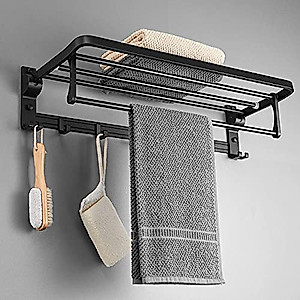 MUSTORN Towel Rack Wall Mount for Bathroom with Towel Bar and Hooks 23.6 in Foldable Towel Shelf Lavatory Towel Organizer Matte Black