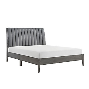 Lexicon California King Bed Frame with Vertical Channel Tufted Velvet Headboard, Modern Bed Frame, Wood Platform Bed, No Box Spring Needed, Easy Assembly, Grey