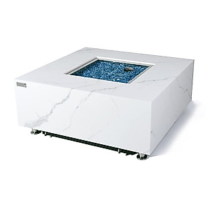 Bianco Marble Fire Pit 39.4" x 39.4" Outdoor Patio Firepit Includes Fire Glass Modern Fire Pits & Outdoor Fireplaces for Garden, Deck, Indoor & Outdoor Heating