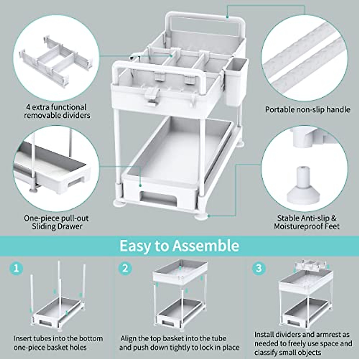 2 Pack Under Sink Organizer- Stackable 2 Tier Bathroom Storage Organizers and Storage with Hanging Cup and Hooks, White Under Sink Shelf Rack for Bathroom Kitchen Countertop Office Cabinets,White
