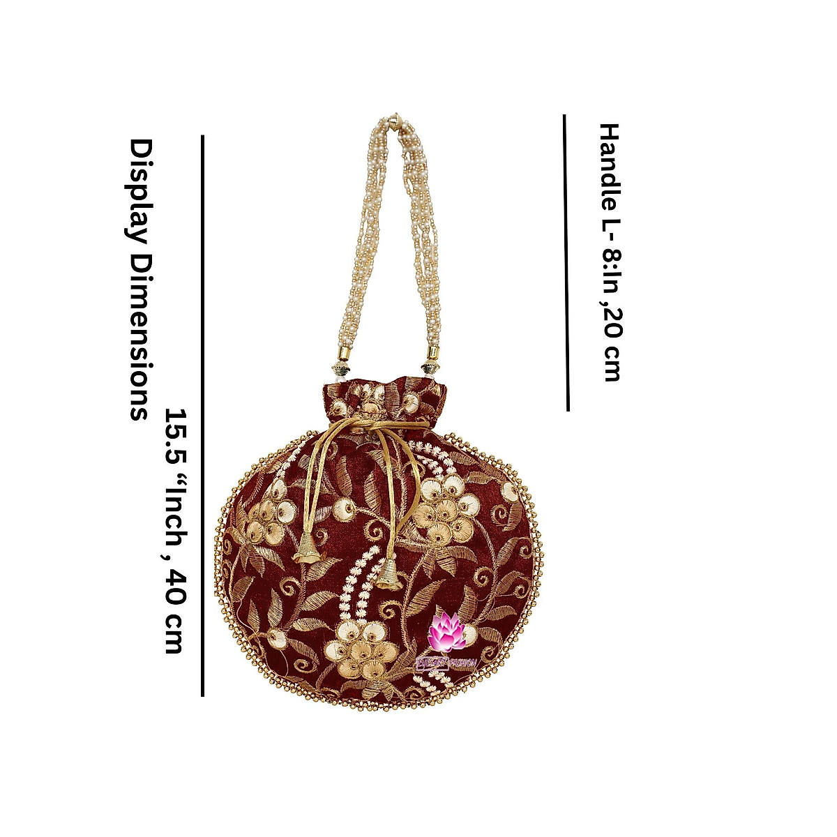 Bridal Bag for Women Indian Ethnic Potli Drawstring Purse Handbag Embroidered Floral Bag Batwa Wedding Jewelry Pearls Handle Clutch (H*L-23x24CM Maroon)