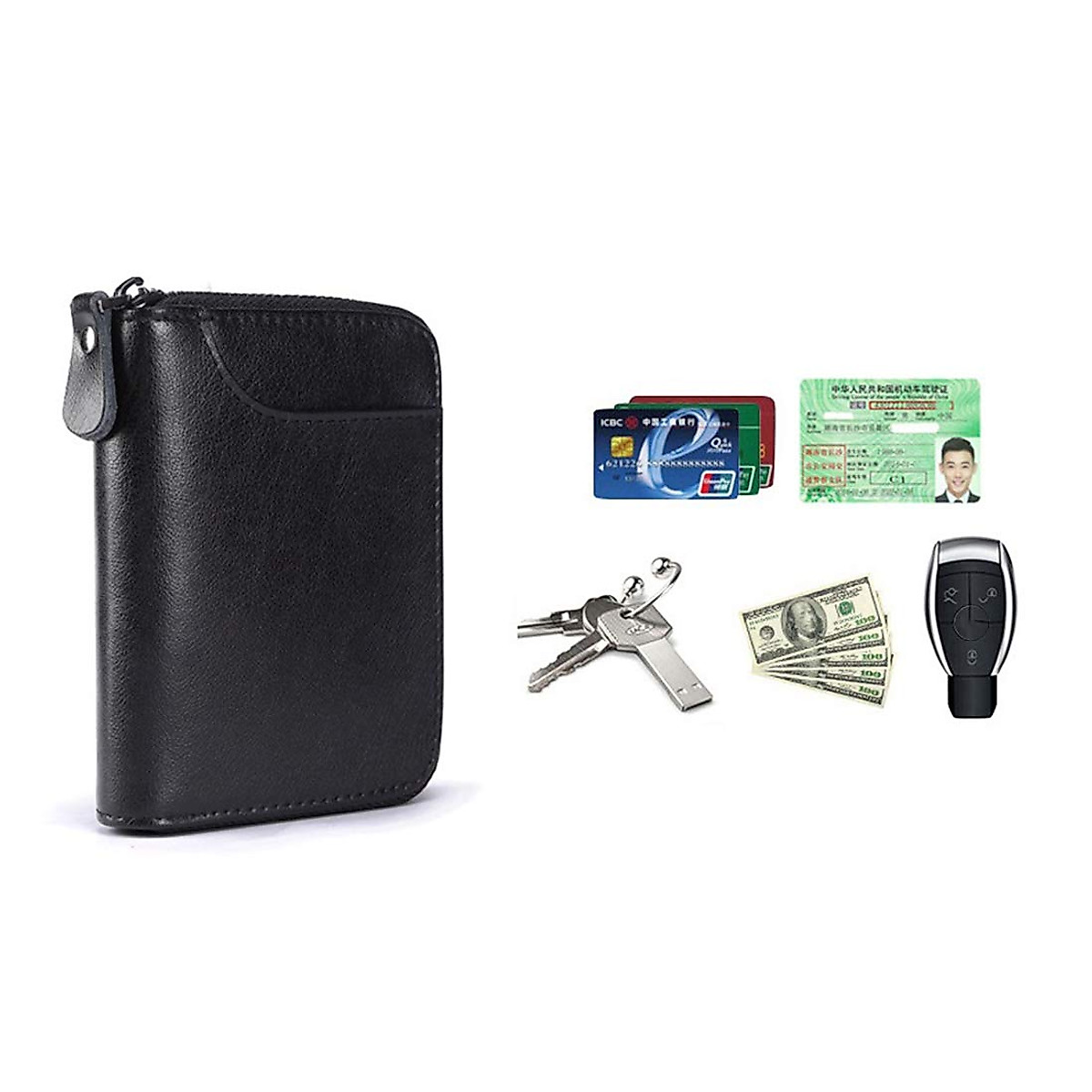 BAKUN Large Zipper Leather Car Key Case, Key Holder Key Organizer Wallet, With 16 Hooks (L, light brown)