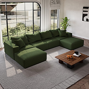 162" Minimalist Oversized Modular Sofa Couch, Deep Seat Sectional Sofa with Ottoman, 6-Seater Track Arm Sofa, U Shape Cloud Couch for Living Room Office Apartment Reception-Green