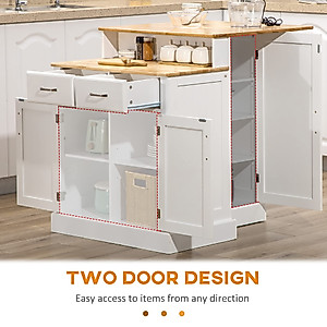 HOMCOM Kitchen Island with Storage Cabinet and 2-Level Rubber Wood Tabletop, Island Table with Adjustable Shelves and Drawers, White