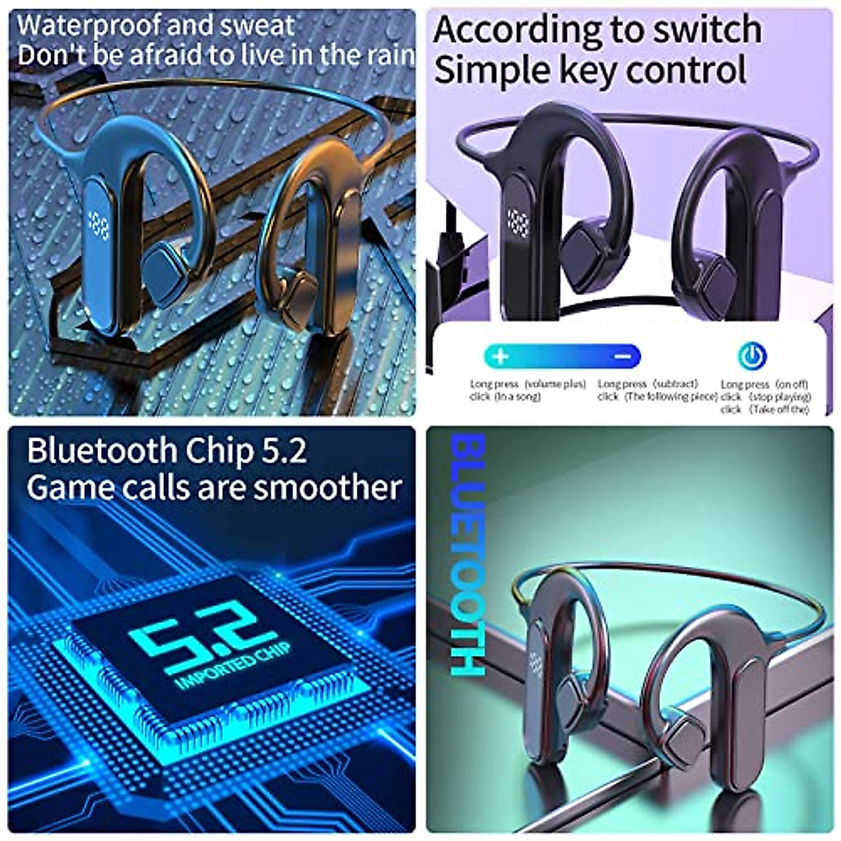 Nsxcdh Bone-Conduction Headphones, Wireless Bluetooth 5.2 Open-Ear Bluetooth Sport Headset Sweat Resistant Stereo Earbuds Wireless Earphone Built-in Mic for Sports, Running