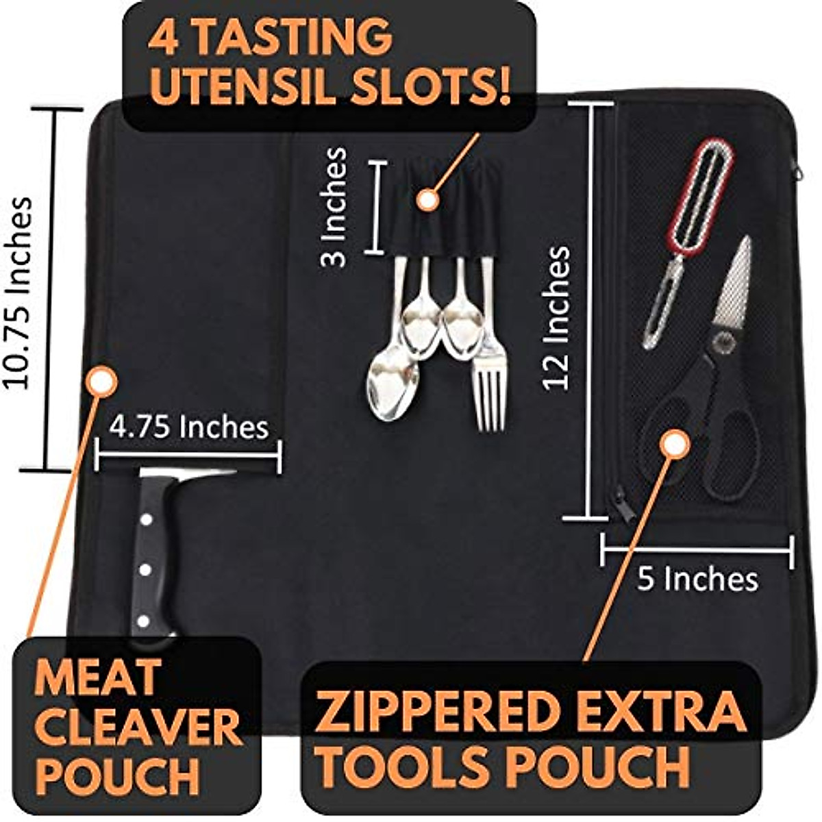 Chef Knife Bag (8+ Slots) is Padded and Holds 8 Knives PLUS Your Meat Cleaver, Knife Steel, 4 Utensils, and a Zipped Pouch for Tools! Durable Knife Carrier also Includes a Name Card Holder. (Bag Only)