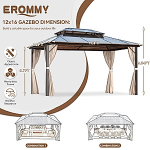 EROMMY 12' x 16' Gazebo Polycarbonate Double Roof Canopy Outdoor Aluminum Frame Pergola, Permanent Pavilion with Netting and Curtains for Garden Patio Lawns Parties