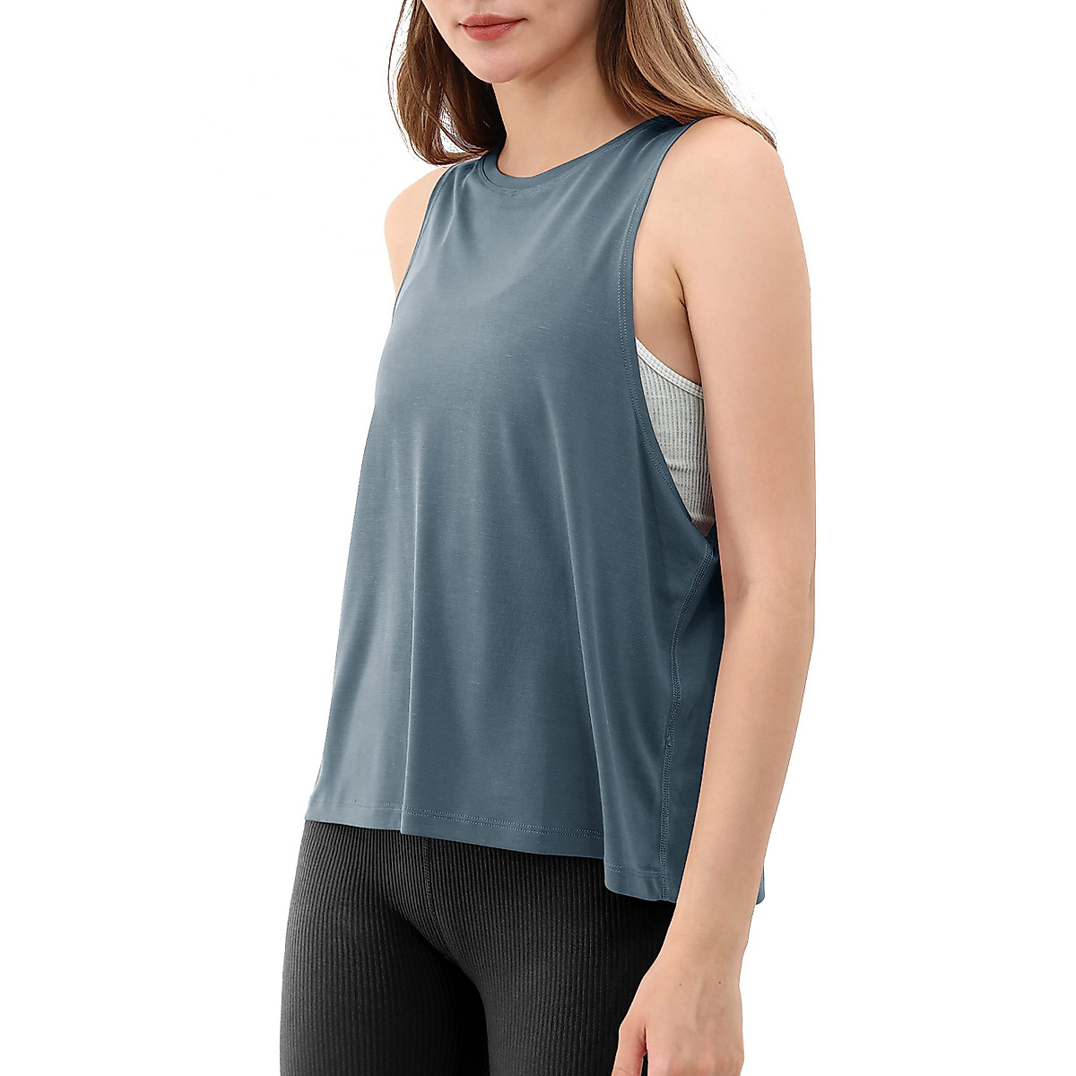 ODODOS 3-Pack Loose Tank Tops for Women Sleeveless Casual Athletic Workout Yoga Shirts, Crepe Pink, Dark Blue, Dark Grey, X-Large