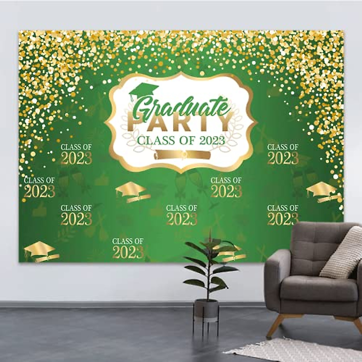 7x5ft Green Graduate Party Backdrop Class of 2023 Graduation Congratulations Background Gold Dots Caps Prom Photography for Senior Year Graduation Party Decoration Banner Supplies