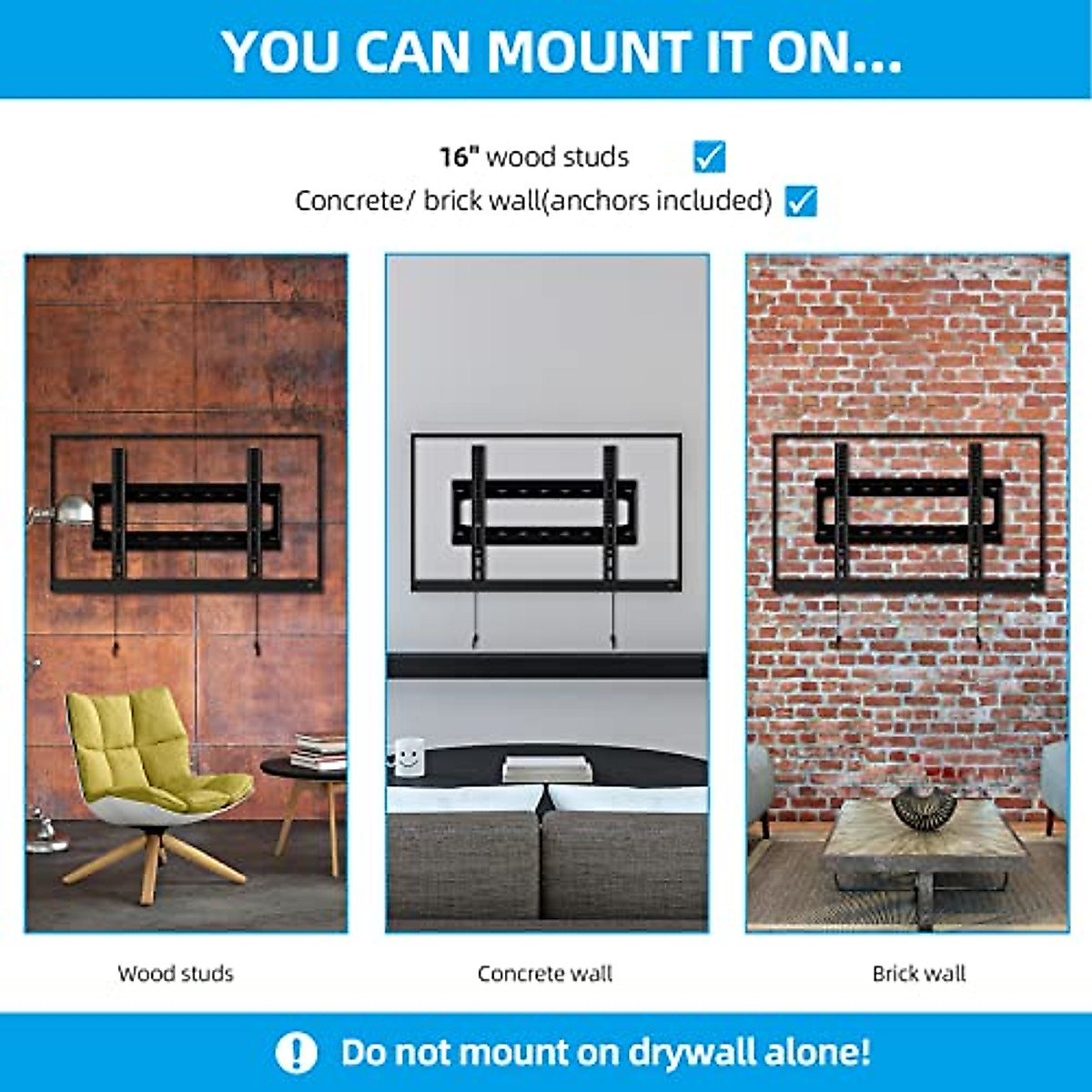 HOME VISION TV Wall Mount Fixed, Low Profile TV Mount, Wall Mount TV Bracket for Most 26-55 inch TVs with Max VESA 400X400mm up to 99lbs Fits 16'' Wood Studs, Quick Release Lock