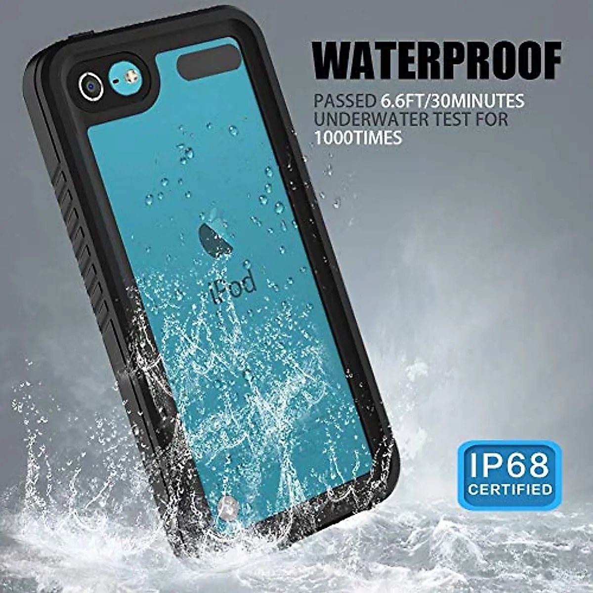iPod Touch 7 Case Waterproof, DINGXIN IP68 Certified Waterproof Shockproof Dirtproof Snowproof Rugged Case for iPod Touch 7th Generation 2019 (Black)