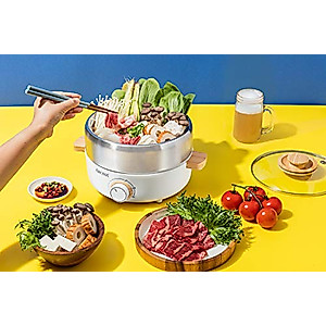 Aroma Housewares AMC-130 Whatever Pot, Indoor Grill, Cooking, Hot Pot with Glass Lid, Bamboo Handles, 2.5L, Stainless Steel/White