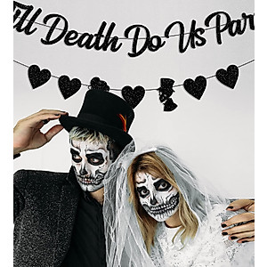 JKQ Black Glittery Till Death Do Us Part Banner with Heart Bride Groom Signs Halloween Bridal Shower Garland Banner Halloween Themed Wedding Bachelorette Engagement Party Fireplace Mantle Decorations