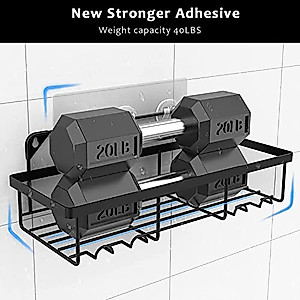 Adhesive Shower Caddy (2 Pack) with 2 Soap Dishes, Shower Shelf with Hooks, No Drilling/ Wall Mounted Shower Rack Rustproof Stainless Steel Shower Organizer for Inside Shower & Kitchen Storage (Black)