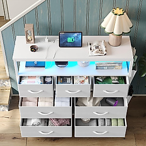 CollaredEagle 7 Drawer Dresser with Charging Station, TV Stand Fabric Storage Tower for Bedroom,Storage Drawers with LED, Wooden Top for TV up to 43 inch, for Bedroom, Living Room, Entryway, White