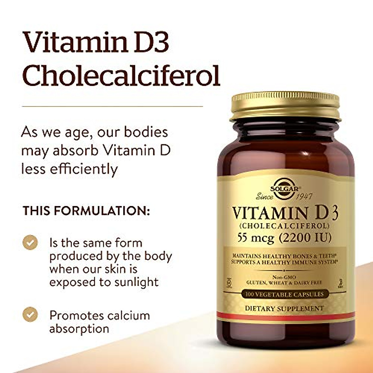 Solgar Vitamin D3 (Cholecalciferol) 55 mcg (2200 IU) Vegetable Capsules - 100 Count