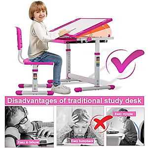 BLKMTY Desk and Chair Set Painting Table and Chairs Set Height Adjustable School Desk with Tilt Desktop Student Writing Desk with Storage Drawer for Studying, Reading, Drawing, Pink