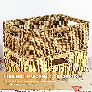 OUNONA Wicker Baskets for Shelves Toilet Paper Basket Rectangular Rattan Baskets with Built-in Handles Hand-woven Water Hyacinth Storage Baskets - Khaki