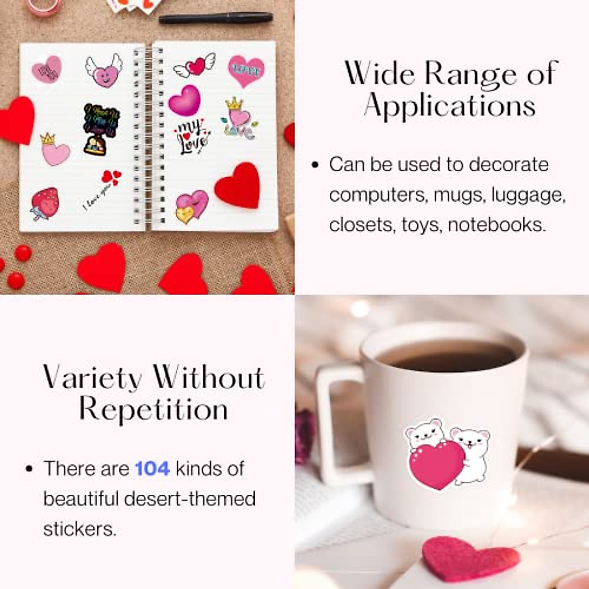 100PCS Valentine's Day Stickers, Non-Repeating Vinyl Waterproof Romantic Stickers for Laptops, Gifts, Water Bottles, Scooters, and Valentine's Day Wall, Window Decorations