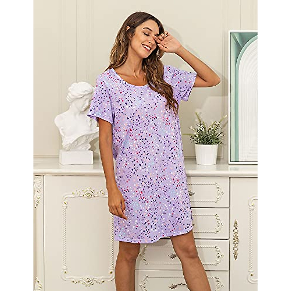 ENJOYNIGHT Sleepwear Women's Nightgown Printed Sleep Shirt Short Sleeve Sleep Tee Cotton Nightshirt (Purple,1X-2X)