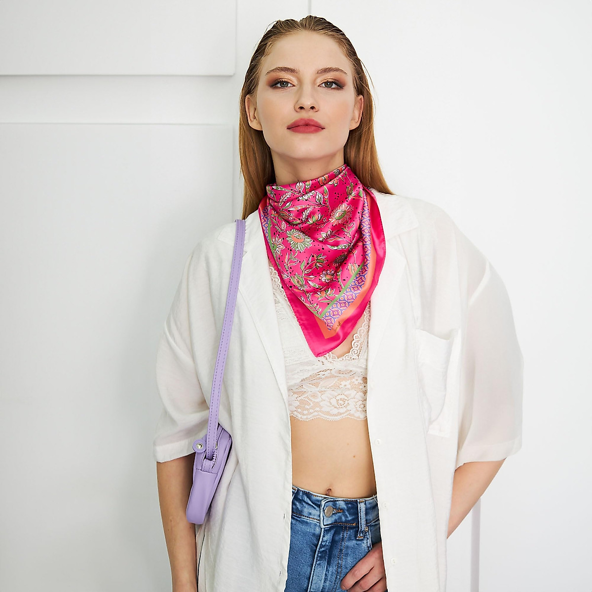 dscarf Womens Neck Scarf 21"x21" Small Square | Headband Scarf Ethnic Bandana Head Scarf Flowering Breathable Lightweight (Flowering Design 2)