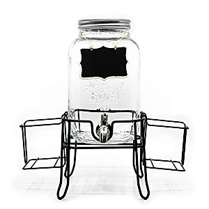 1 Gallon Glass Drink Dispenser | 100% Leakproof Stainless Steel Spigot | Sturdy Metal Stand, Chalkboard, Cup Holder | Great for Outdoor Parties | Perfect for Cold Drinks & Laundry Detergent