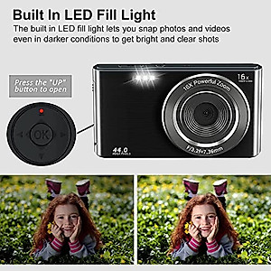 eDealz 44MP Digital Camera Compact Point and Shoot Camera with 32GB SD Card, 16X Digital Zoom, Kids Camera 2.4 Inch Screen, Vlogging Camera for Teens Students Boys Girls Seniors (Black)